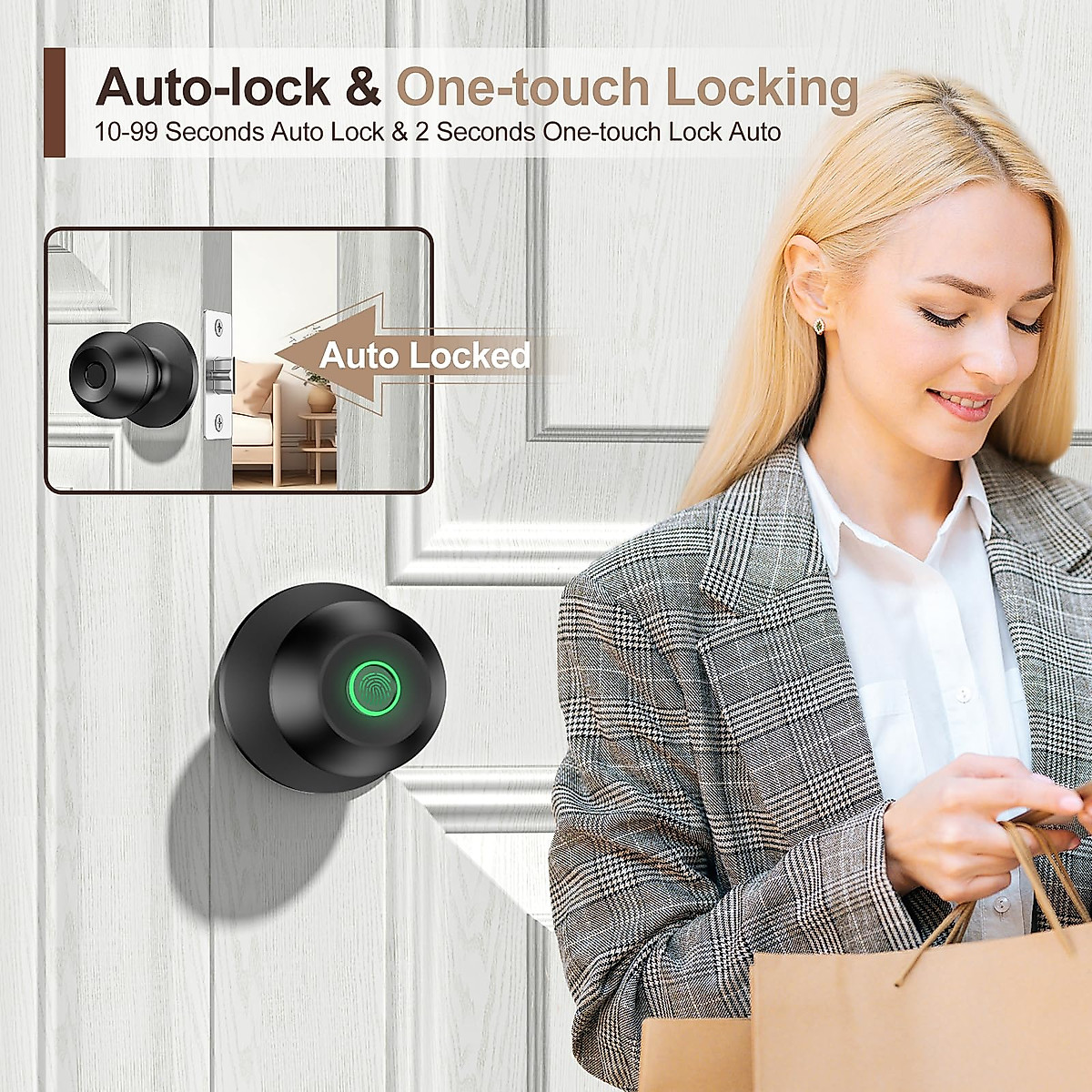 HEI LIANG Fingerprint Door Lock，Smart Door Knob, Smart Lock Biometric Door Lock Fingerprint Door knob with App Control Suitable for Bedroom,Utility Room,Apartments Offices,Hotels(Black)
