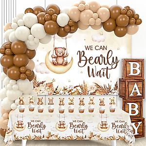 DataMoon Teddy Bear Baby Shower Decorations - Baby Boxes with Letters,Boho Balloons,We Can Bearly Wait Backdrop,Cake Topper,Tablecloth for Baby Shower,Gender Reveal Party Supplies