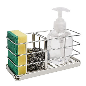 Sponge Holder for Kitchen Sink,304 Stainless Steel Kitchen Sink Organizer Sink Tray Drainer Rack Hanging Adjustable Panel Brush Sink Caddy Soap Holder for Countertop Or Wall Stick with Auto Overflow