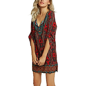 Women Bohemian Neck Tie Vintage Printed Ethnic Style Summer Shift Dress (2XL, Pattern 15)