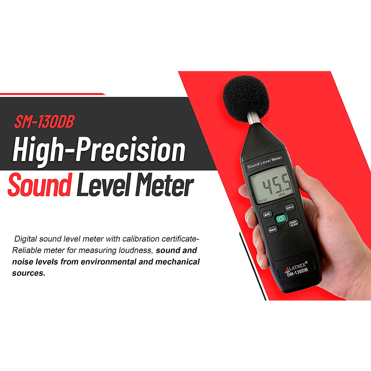 SM-130DB Digital Decibel Meter Reader and Sound Level Meter Type 2 with Calibration Certificate. Measurement Device for Environmental and Mechanical Noise Monitor - Manufacturing, Office, Classroom