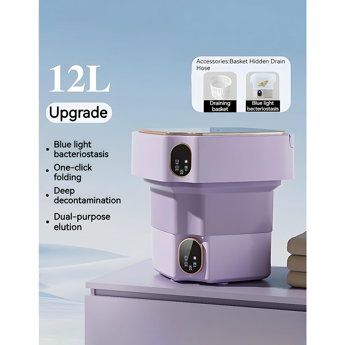 Portable washing machine, 12L folding mini washing machine, deep cleaning underwear, baby clothes and other small clothes, suitable for apartments, dormitories, camping, travel (Purple)