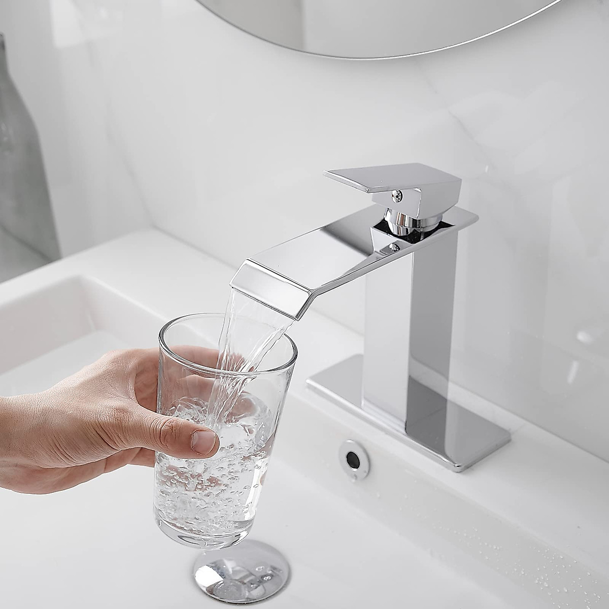 BWE Bathroom Faucet Chrome Modern Waterfall with Pop Up Drain for Sink 1 Single Hole Bathroom Sink Faucet Parts Spout Bath Lavatory Vanity Stopper Overflow and Supply Hose Single Handle Square