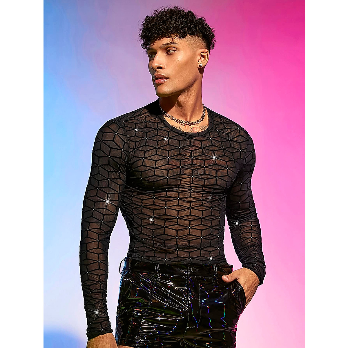 COZYEASE Men's Geo Print Rhinestone Tee Top Long Sleeve Slim Fit Flocking T Shirt Black L