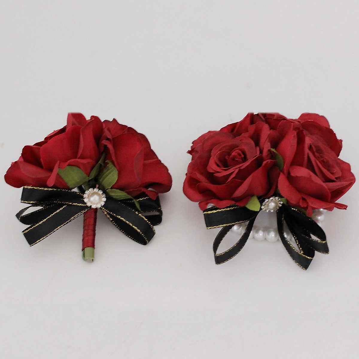 YOKOKE Prom Corsage and Boutonniere Set, Rose Boutonniere and Wrist Corsage Wristlet Set Flowers for Party Ball Dancing Prom Suit Decorations (Red)