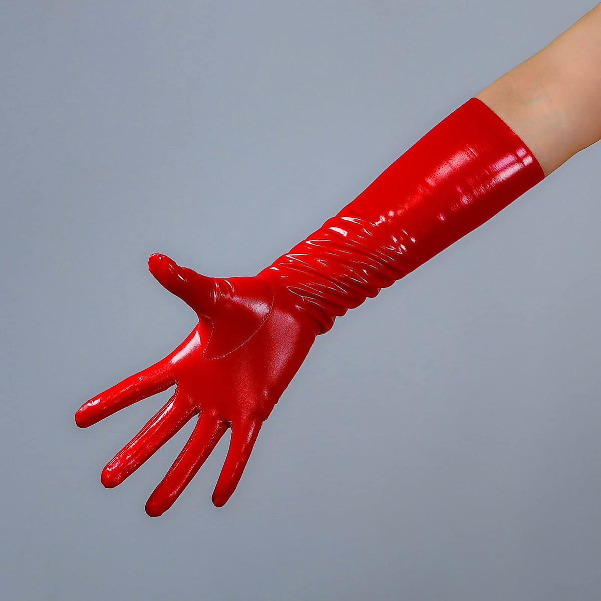 LLDLLNT Sexy Red LATEX GLOVES Women Elbow Length Shiny Look Stretch Faux Rubber Ultra Thin 16" Costume Party Gloves