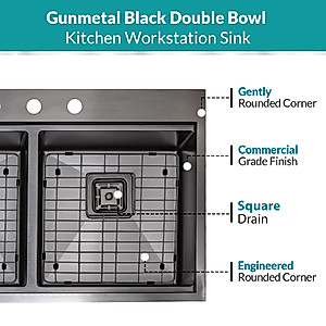 Strictly Sinks 33 inch Topmount Kitchen Workstation Sink Gunmetal Black 5050 Double Bowl 16 Gauge Stainless Steel Drop In Scratch, Stain Resistant Colander, Cutting Board & Bottom Protector Grid