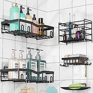 Teliaoils UpCircleSeven 5 Pack Shower Caddy, Strong Adhesive Shower Organizer Shelf with Hooks. Rustproof Wall-Mounted Shelves for Kitchen, Dorm and Bathroom Organizer. No Drilling (Black)