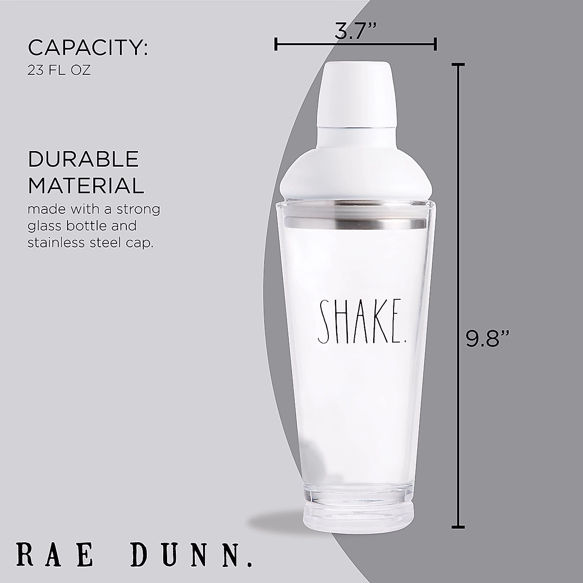 Rae Dunn Glass Cocktail Shaker - Martini Shaker for Drinks - 23 OZ Capacity Glass Margarita Shaker for at Home Bar, Entertaining and Parties (White)