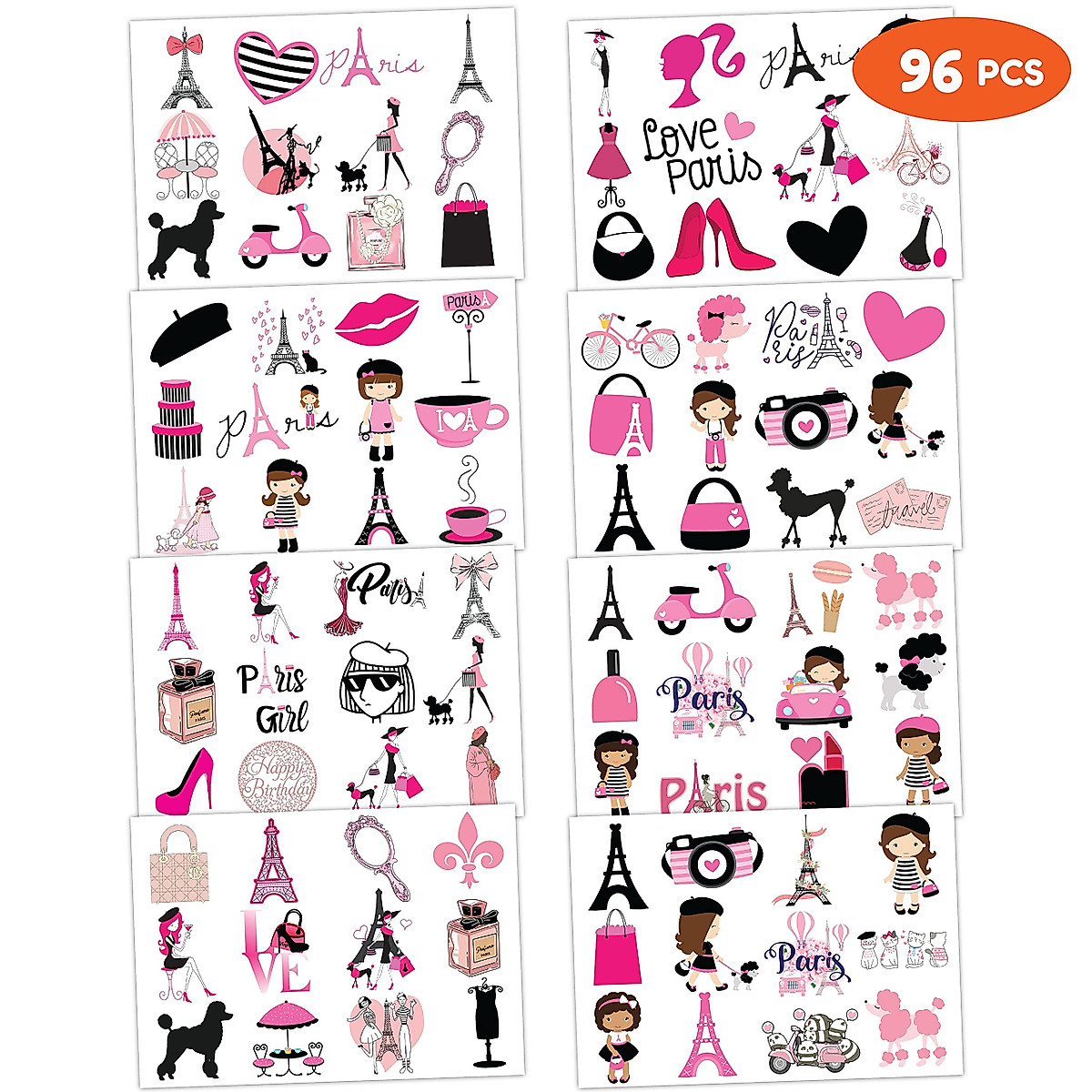 Paris Temporary Tattoos for Kids - Themed Eiffel Tower, Girl Birthday Party Decorations Supplies 96PCS Tattoos Stickers Cute Party Favors Girls Boys Gifts Classroom School Prizes Themed Christmas Pink