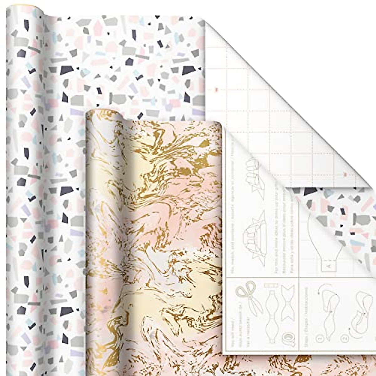Hallmark Pastel Wrapping Paper Bundle with Cutlines on Reverse (6 Rolls: 130 Square Feet Total) Pink, Gold, Blue for Birthdays, Weddings, Bridal Showers, Baby Showers and More