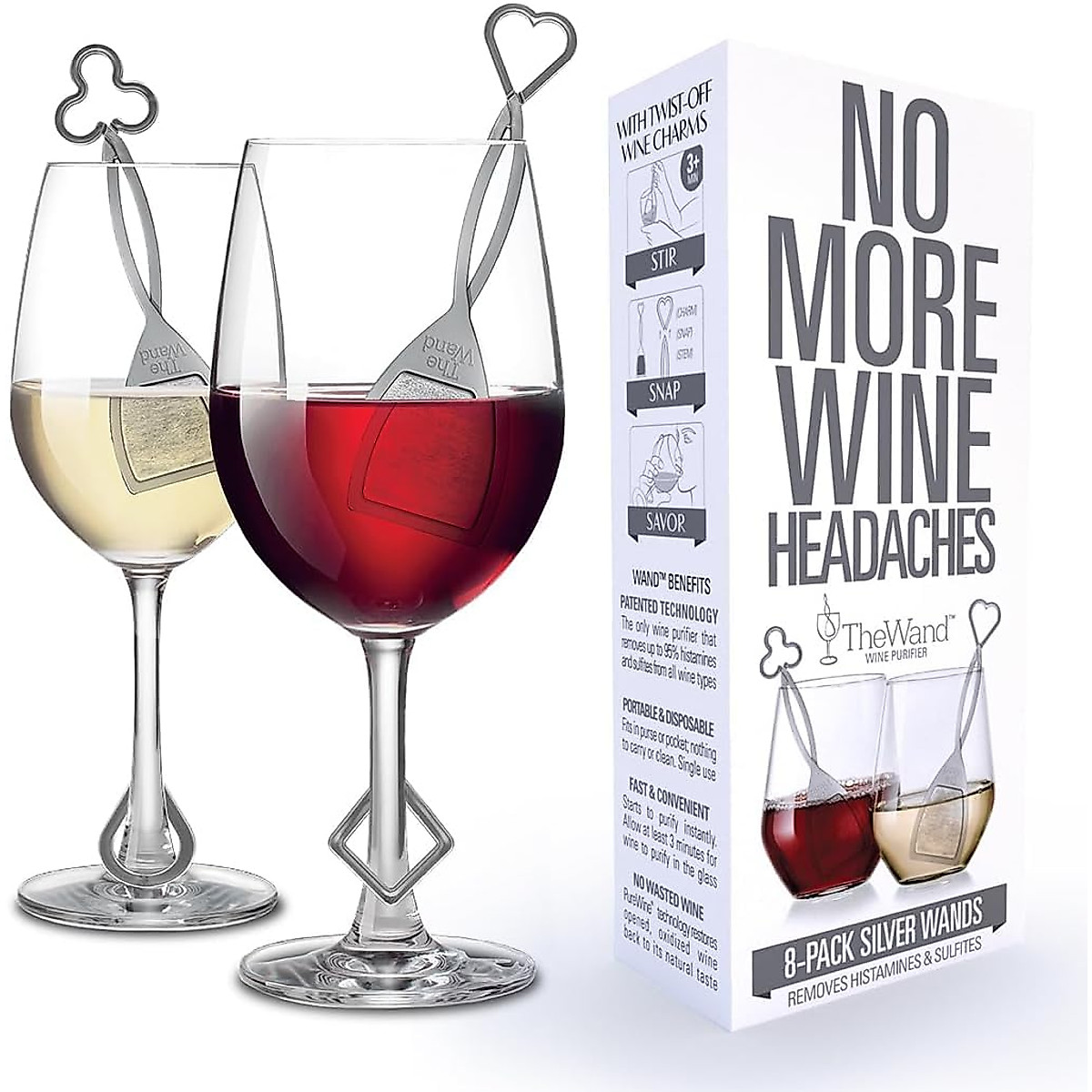 PureWine Wand Technology Histamine and Sulfite Filter, Purifier Alleviates Wine Allergies & Headaches, Stir Stick Aerates Wine - Pack of 8