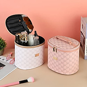 UMUMPINGG Makeup Bag for Women Faux Leather Round Make up Bags Organizer Perfumes Nail Polish Organizer,Make up Brushes Bag Case Storage for Girl Friend Gift White