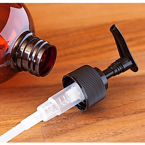 32 oz Amber Large Boston Round PET Plastic Bottles (BPA Free) with Black Lotion Pump (4 Pack) + Labels