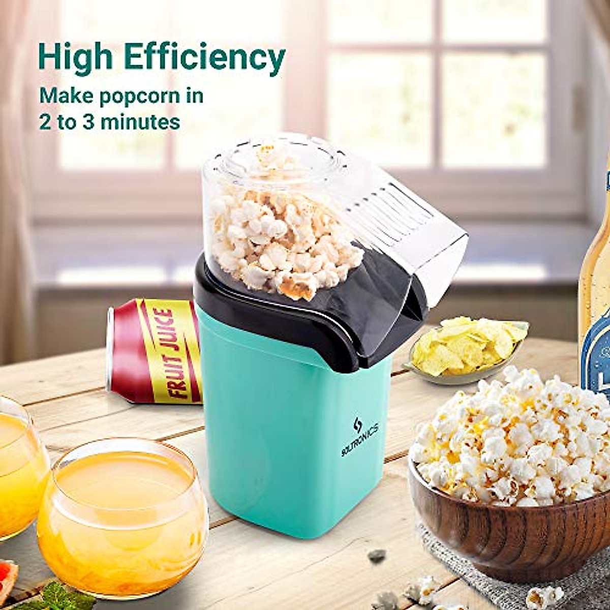 SOLTRONICS Hot Air Popcorn Popper Maker with Removable Measuring Cup, ETL Certified, No Oil Needed, BPA-Free, 1200W, Green