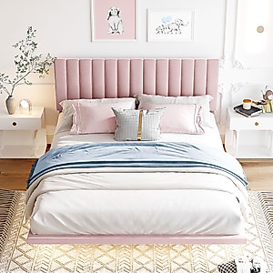 DNYN Upholstered Queen Size Floating Bed Frame with LED Lights & Headboard Design,Modern Velvet Fabric Platform Bedframe for Bedroom,Guest Room,Noise Free & Easy Assembly, Pink