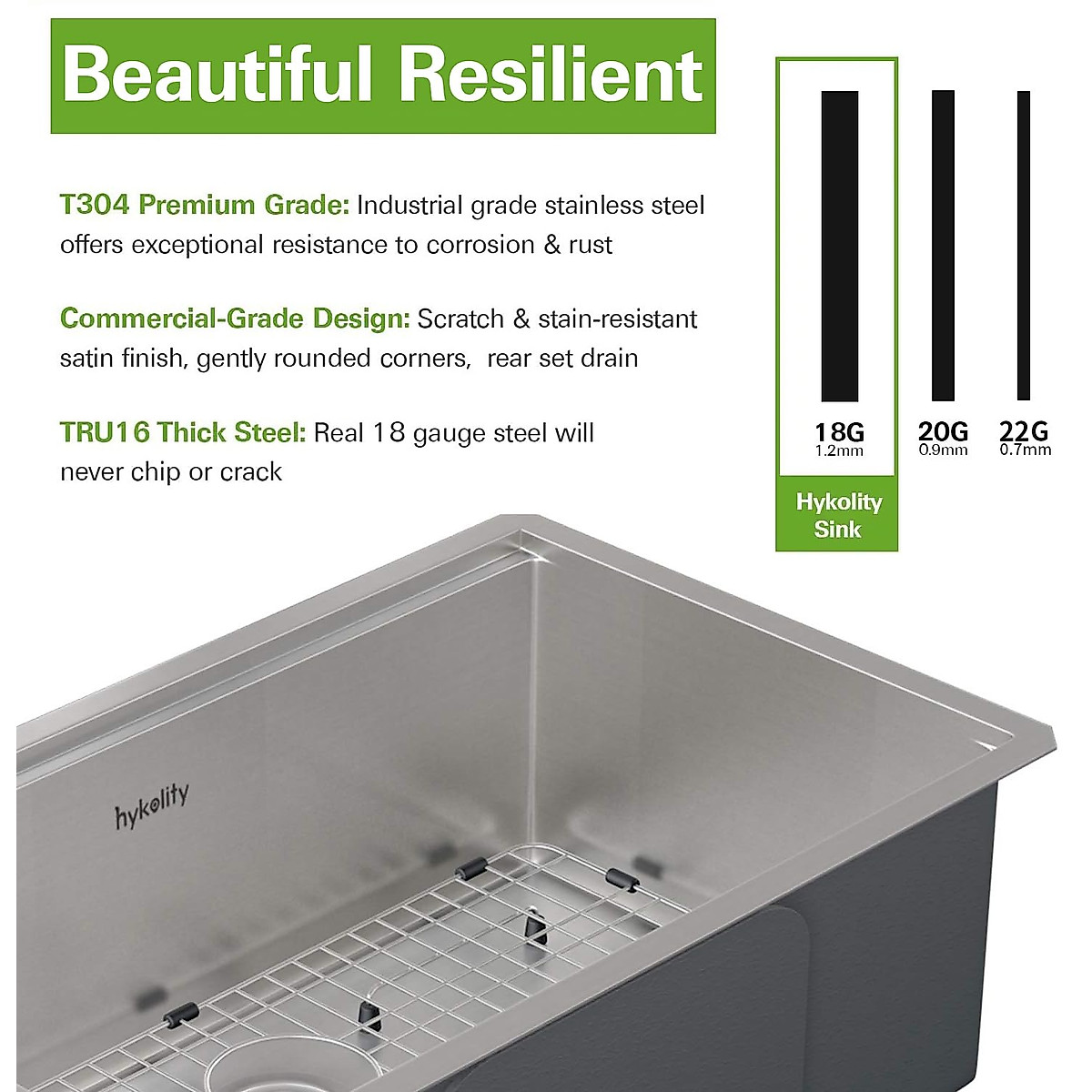 Hykolity 32-inch Kitchen Sink, 16 Gauge Undermount Single Bowl Stainless Steel Kitchen Sink with Strainer & Bottom Grid, 32" x 19" x 9"