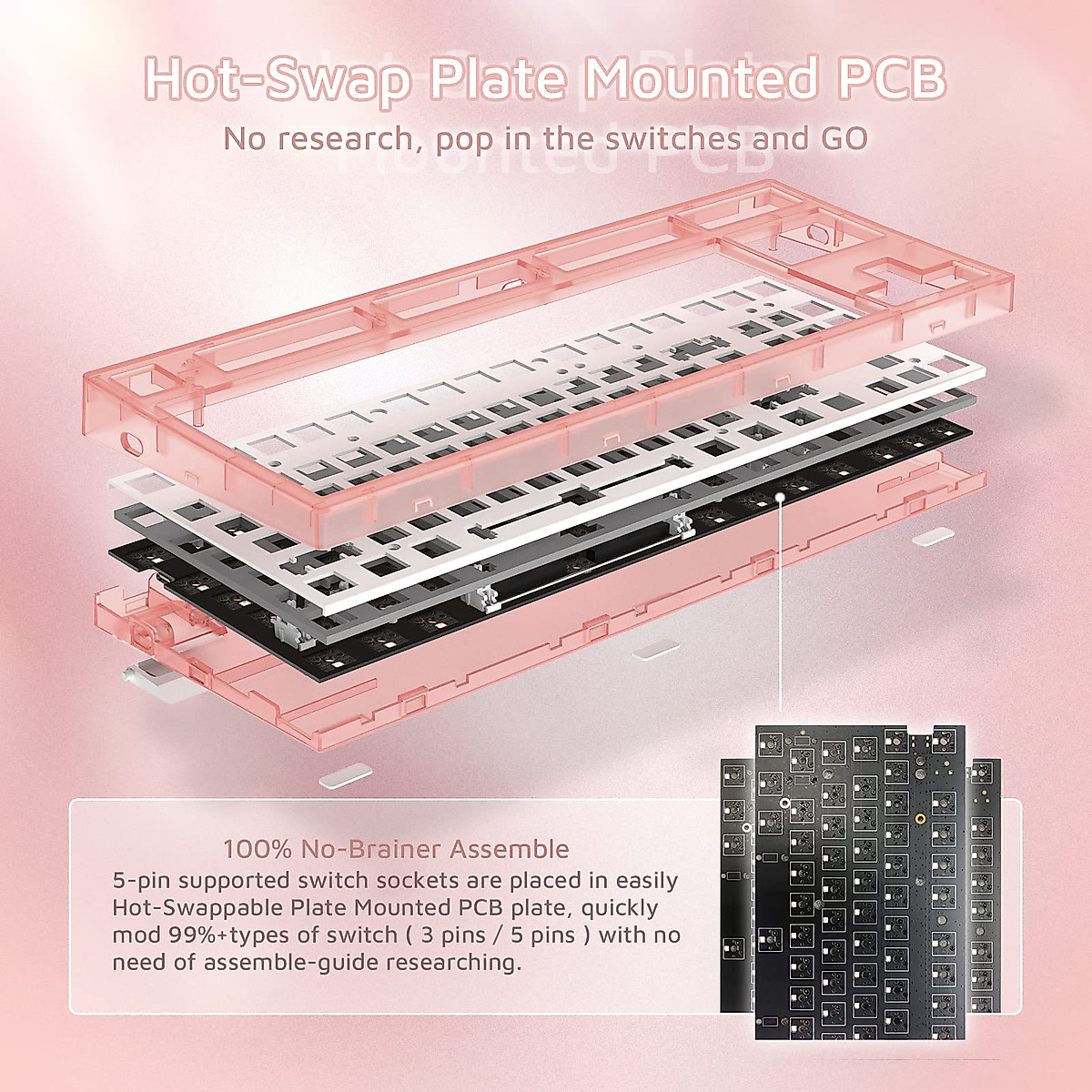 FL ESPORTS MK870 CMMK 87 Keys RGB Modular Mechanical Keyboard, 80% TKL Wired Gaming Keyboard DIY Kit w/Hot-Swap Switch Sockets (5-pin) & Customizable Software Supported (Barebones, Frosted Pink)