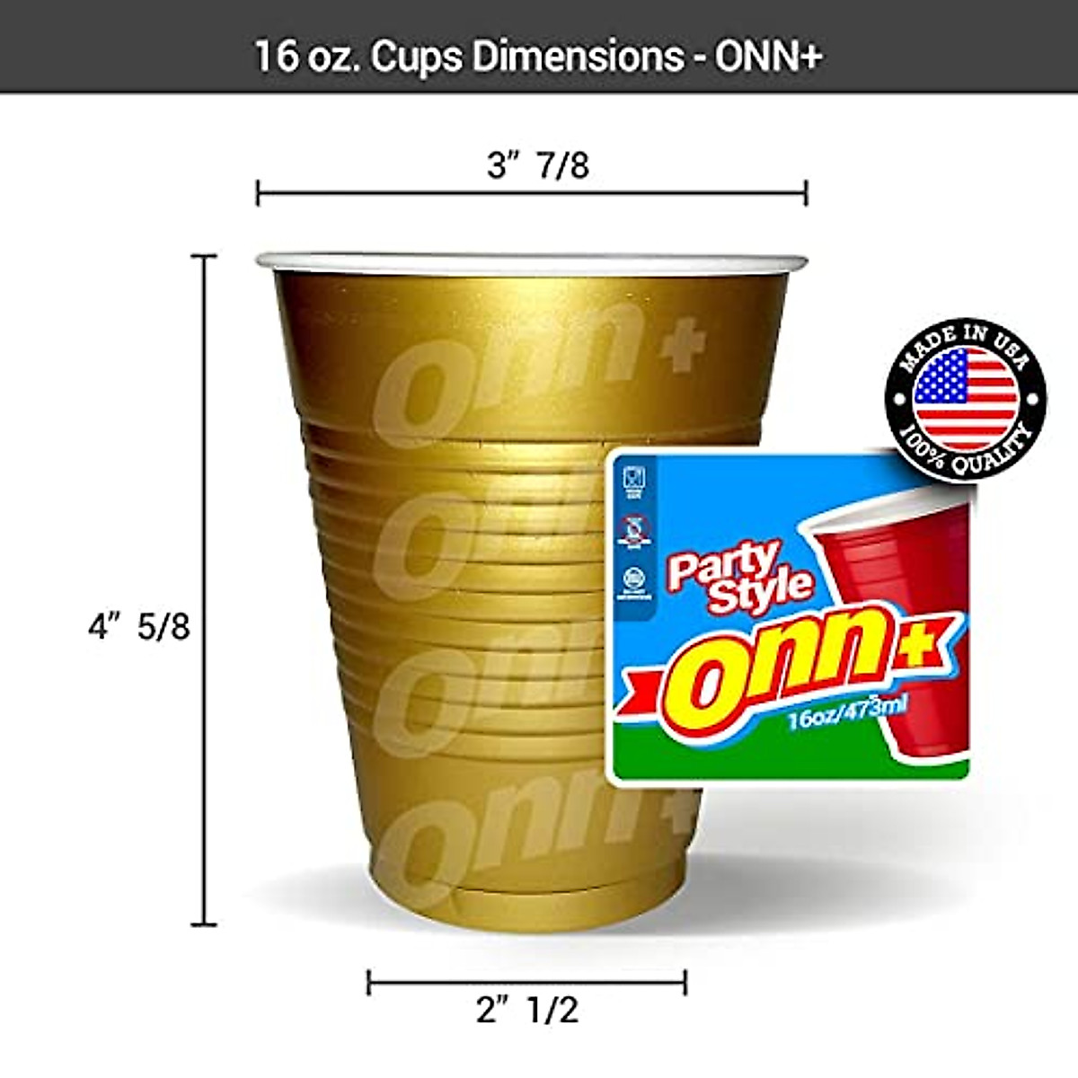 ONN+ Pack of 50 Disposable Plastic Cups, 16 Oz, Strong and Sturdy Disposable Cups for Parties or Celebrations (GOLD)