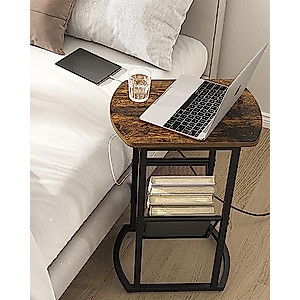 Hzuaneri Side Table with Charging Station, End Table with V-Mesh Magazine Holder, Industrial Record Player Stand with CD Album Storage Shelf, Rustic Brown and Black ET05401B