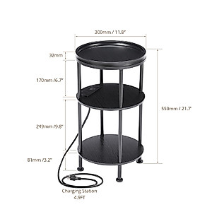 Small Round Side Table with Charging Station for Small Spaces, 3-Tier Round Accent Table with USB Ports & Power Outlets,Round Corner Table Tea Sofa Side Table for Living Room Bedroom Apartment (Black)
