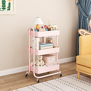 MIOCASA 3-Tier Metal Utility Rolling Cart, Heavy Duty Multifunction Cart with Lockable Casters, Easy to Assemble, Suitable for Office, Bathroom, Kitchen, Garden (Pink)
