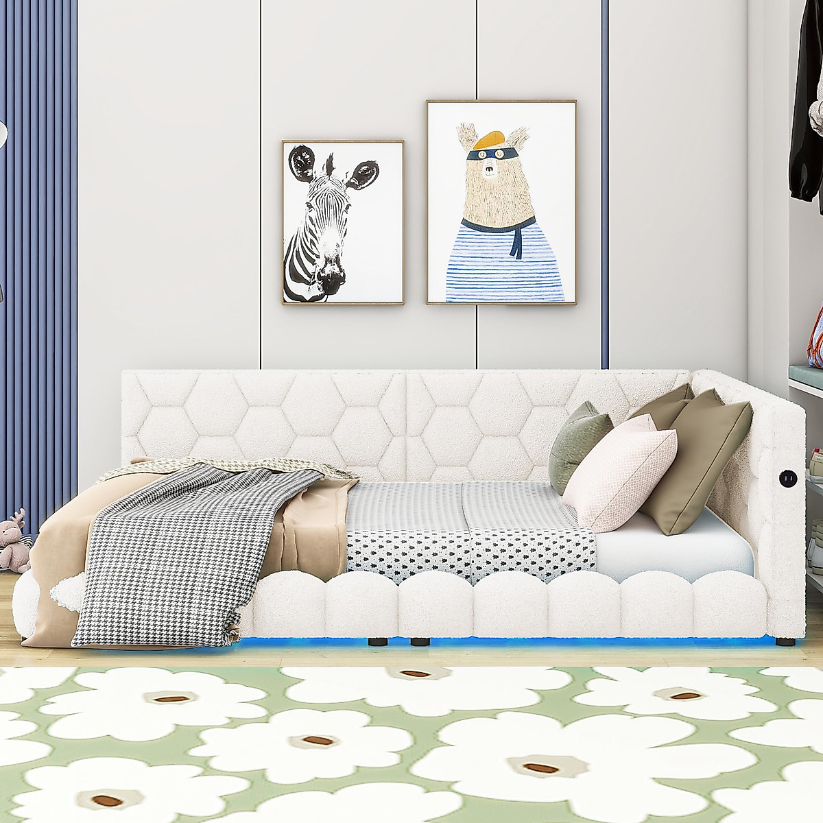 KLMM Stylish Full Size Upholstered Platform Bed Daybed with USB Ports and LED Belt,for Small Spaces Bedroom Living Room Use (White@LED, Full)