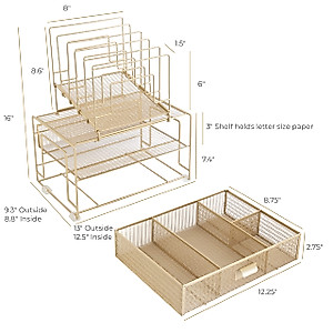 BLU MONACO Workspace Gold Desk Organizer and Accessories Desktop Rack with File sorters and Drawer for Office Supplies, Paper, Device and Folder
