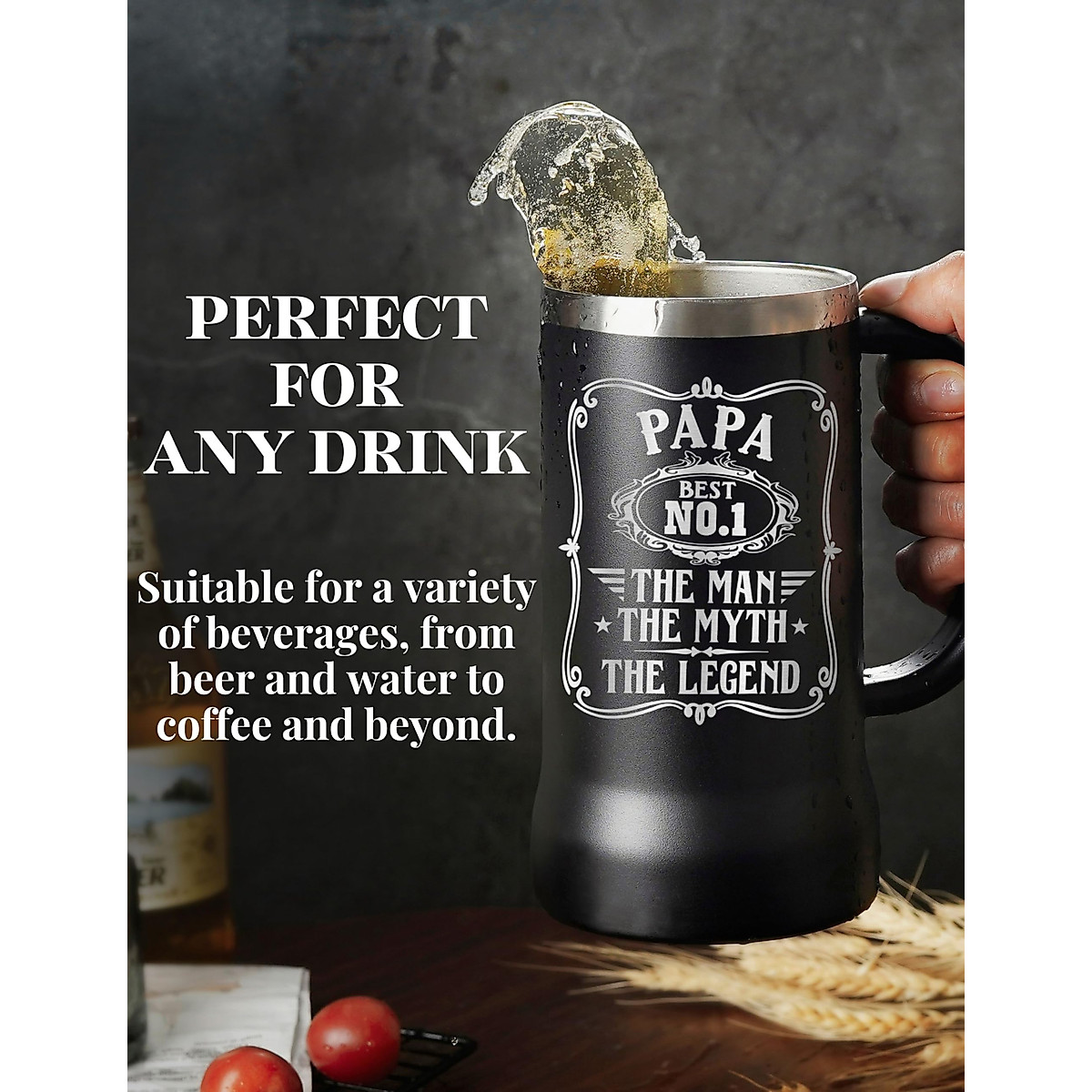 Onebttl Papa Gifts Stainless Steel Beer Stein Tumbler, 24oz Beer Mug with Lid for Father's Day, Christmas - Man Myth Legend