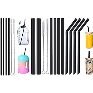 ALINK 15 IN Extra Long Black Silicone Straws + 2 Black Boba Straws 8 Smoothie Straws