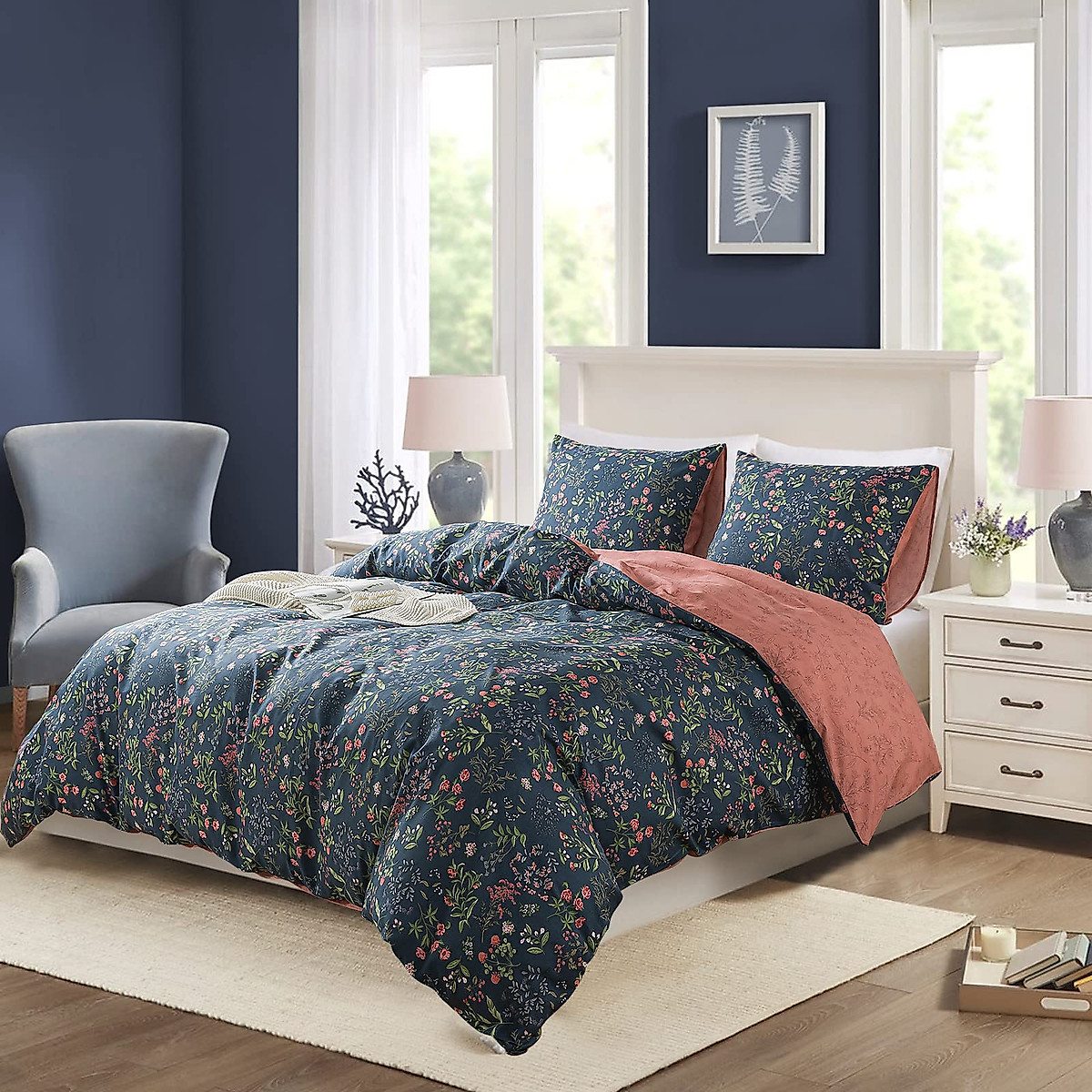 NEWLAKE Cotton Duvet Cover Queen Size - Soft Breathable Duvet Cover Set 3 Pieces with Zipper Closure, 1 Duvet Cover 90x90 Inches and 2 Pillow Shams, Navy Classic Floral Pattern