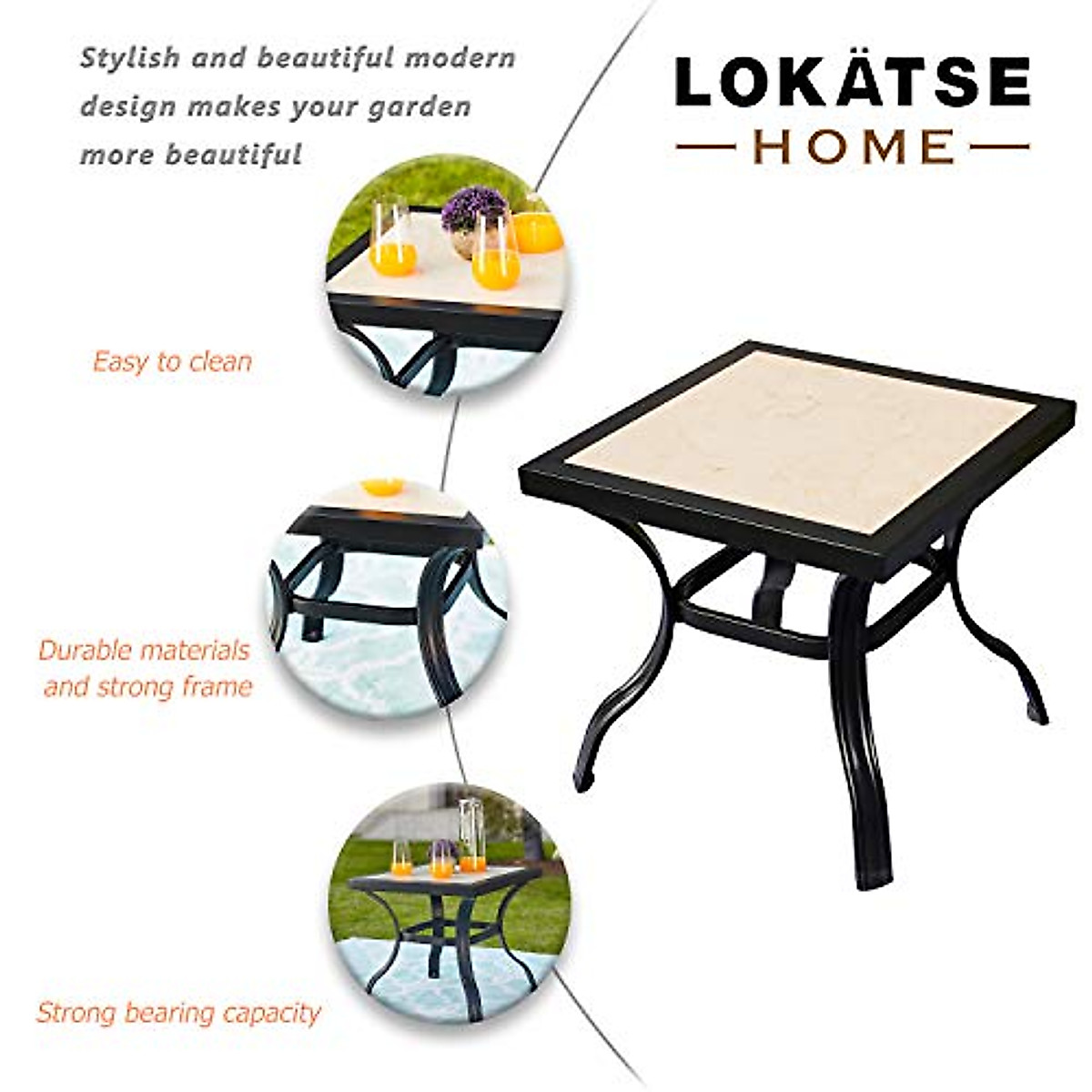 LOKATSE HOME 21" Outdoor Square Patio Dining Table Metal Steel Legs with Ceramics Top, Black
