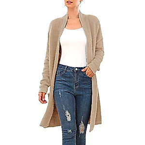QIXING 2022 Women's Casual Open Front Knit Cardigans Long Sleeve Plush Sweater Coat with Pockets Khaki-Medium