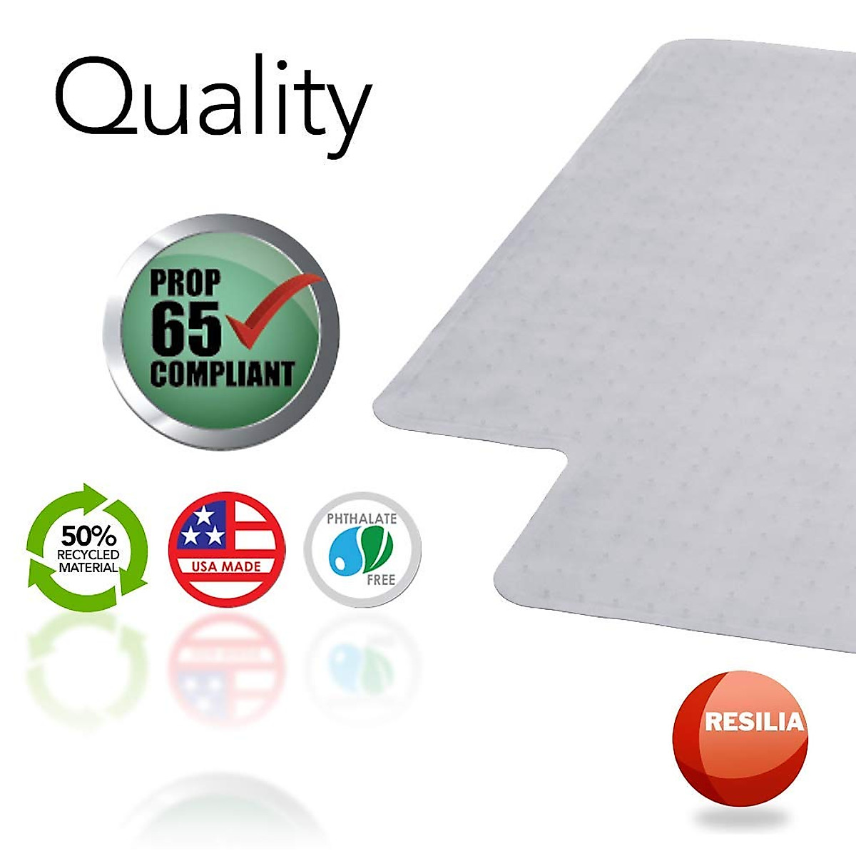 Resilia Office Desk Chair Mat with Lip - for Low Pile Carpet (with Grippers) Clear, 36 Inches x 48 Inches, Made in The USA