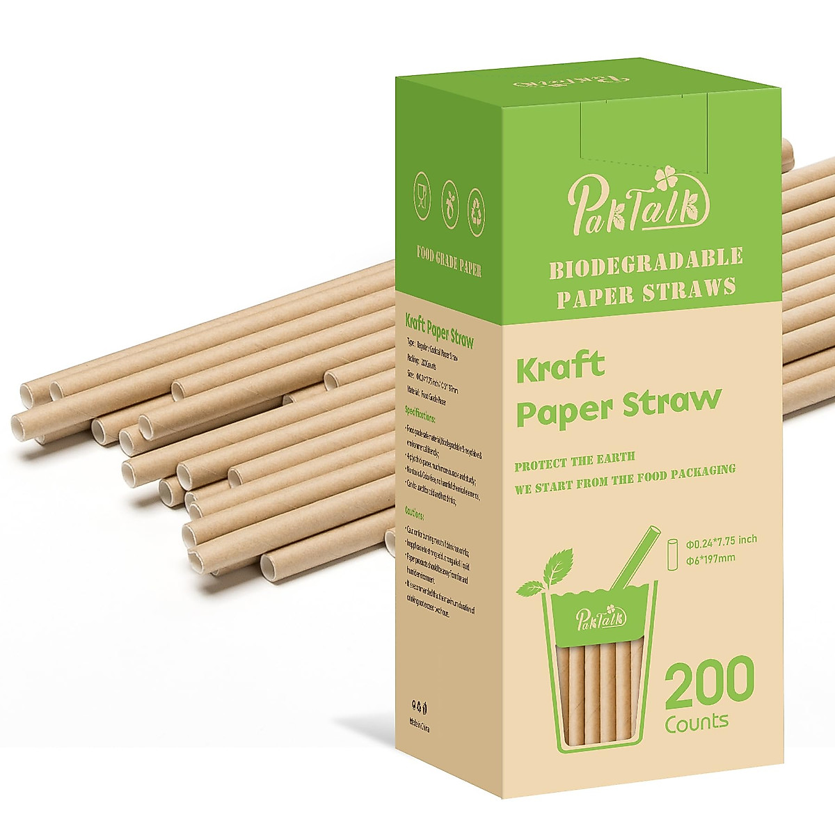 𝟐𝟎𝟎 𝐏𝐚𝐜𝐤 Eco Friendly Straws Brown Biodegradable Paper Straws for Drinking 7.75" x0.24" Disposable Kraft Paper Straws (7.75" x0.24", Brown)