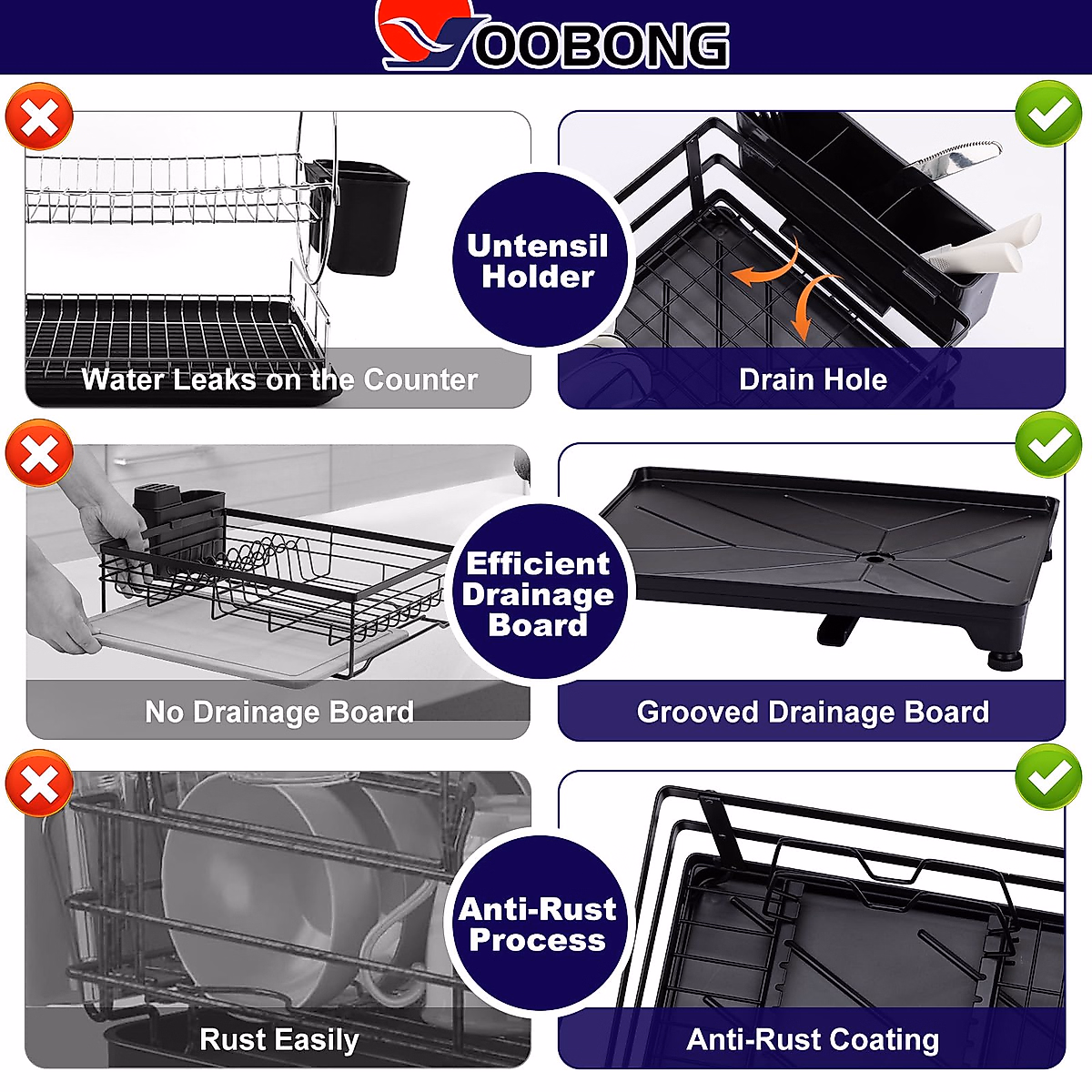 FOOBONG Dish Drying Rack with Height-Adjustable Drainboard,Stainless Steel Dish Drainer with Removable Utensil Holder,Space-Saving Dish Racks for Kitchen Counter (1-Tier, Black)