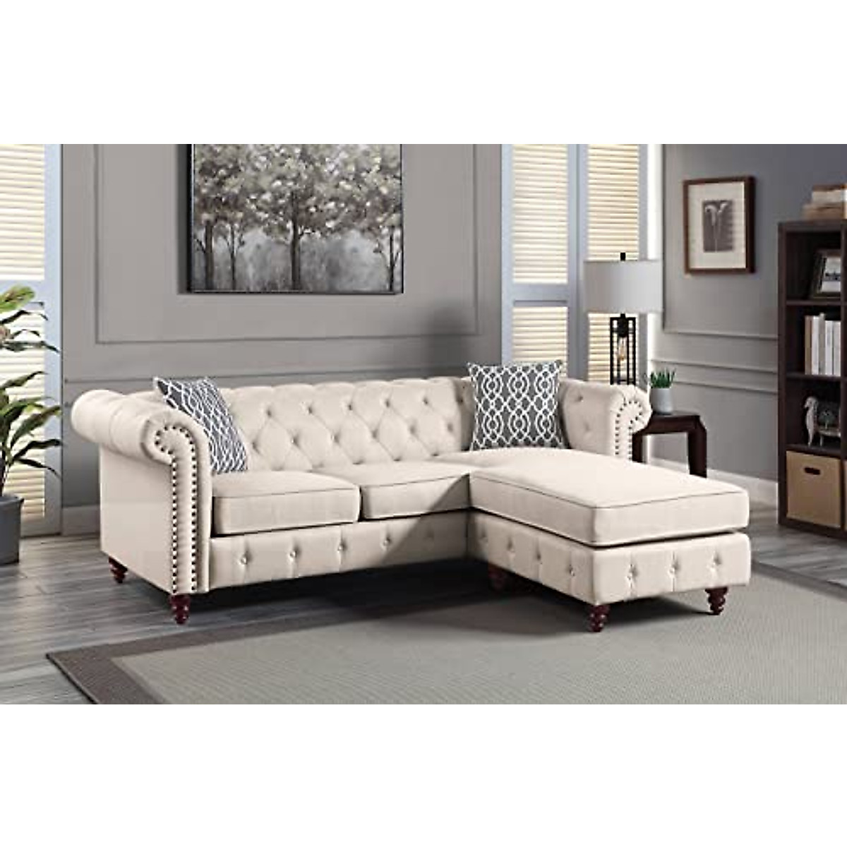 Acme Furniture Linen Upholstered Sectional Sofa with 2 Pillows, Beige