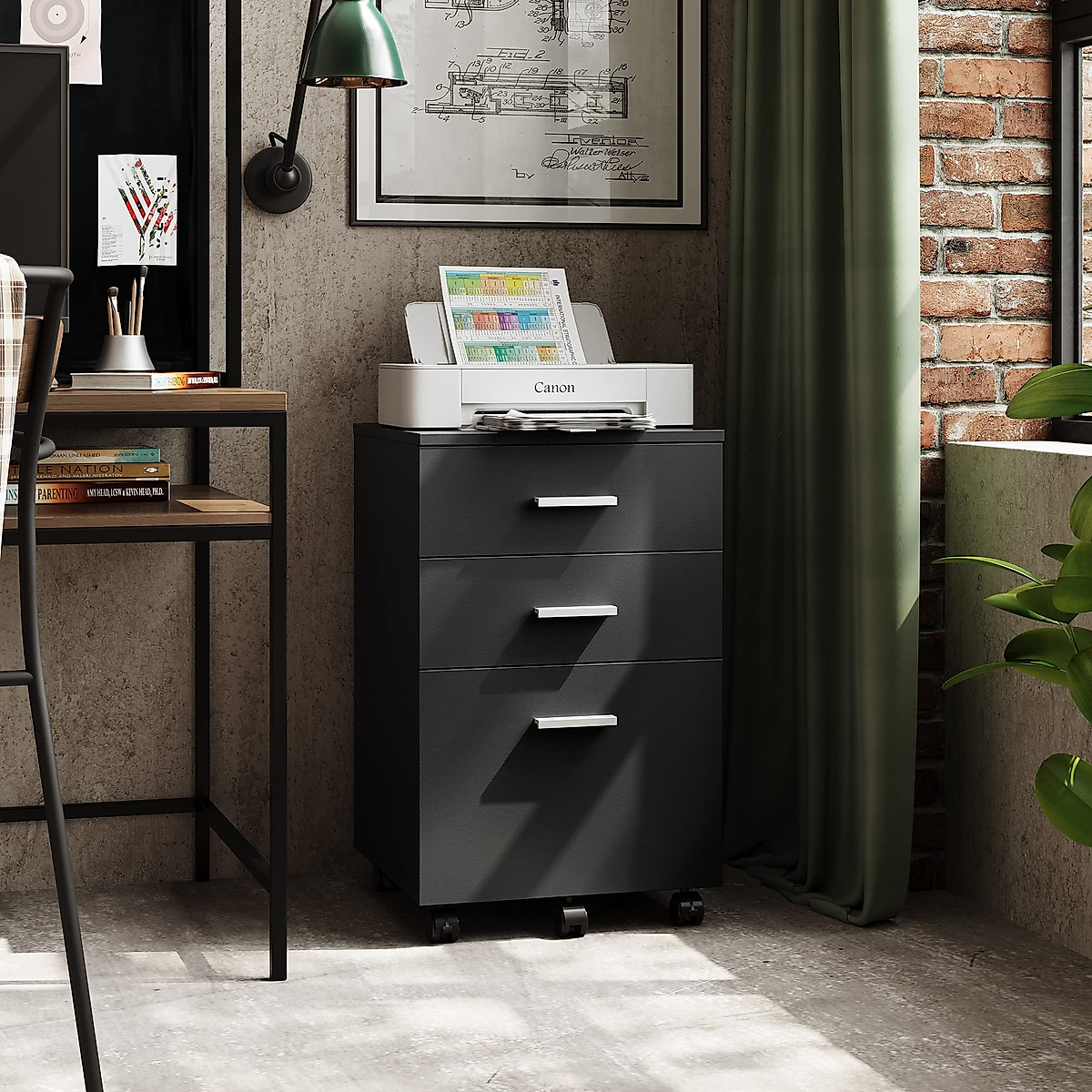 DEVAISE 3 Drawer Wood Mobile File Cabinet, Rolling Filing Cabinet for Letter/A4 Size, Black