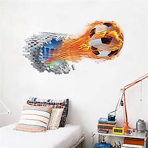 Kiddale 3D Football Wall Stickers,Peel and Stick Break Through The Wall Vinyl Soccer Wall Decals Murals Art Decals for Kids Nursery Bedroom Living Room(14X29Inches)