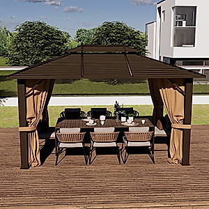 GAZEBEST 10' X 13' Permanent Hardtop Gazebo, Outdoor Galvanized Steel Double Roof with Horizontal Stripes Pavilion Pergola Canopy with Aluminum Frame and Privacy Curtains for Patio, Garden