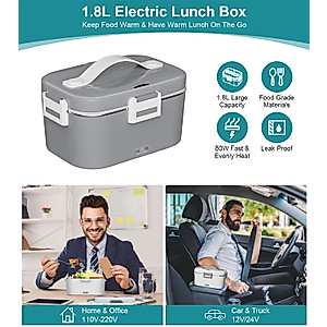 Dicorain Electric Lunch Box, 80w 1.8L Heated Lunch Box for Truck/Car/Office/Home/Work, 12/24/110v 3 In 1 Portable Food Warmer Lunch Box with Removable SS Container, Fork & Spoon (Grey)