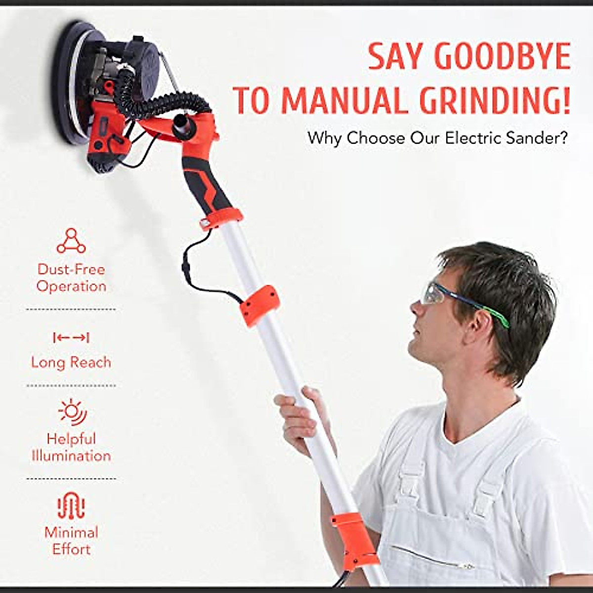 CO-Z 800W Electric Drywall Sander with Vacuum Attachment & Handles, Drywall Refinishing Sander with Dust Collector & Lights, Lighted Wall & Floor Residue Removal Power Tool for Low Wall Painting Work