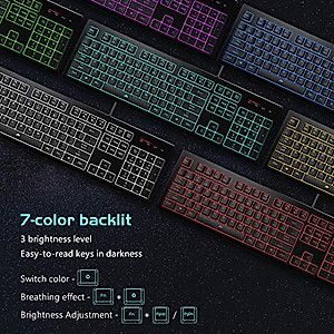 POWZAN Light Up Quiet Gaming Keyboard - Membrane Silent Wired Keyboard with Low Profile Lighted Key for Computer, Windows PC Gamer - Full Size, Black