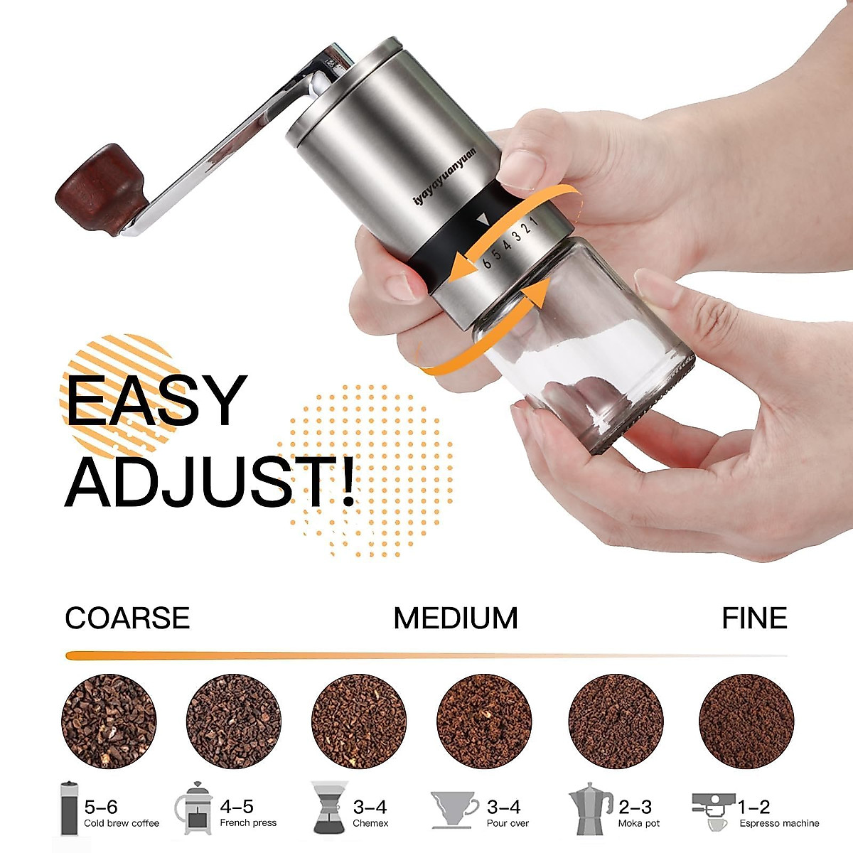 Manual Coffee Bean Grinder | Ceramic Burr with 6 Adjustable Settings | Portable Hand Coffee Mill for Espresso, French Press, Cold Brew & Drip Coffee | Easy to Use & Clean at Home, Travel, Camping