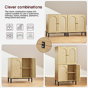 WEENFON Set of 2 Rattan Cabinet, Storage Cabinet with Doors and Shelf, Buffet Cabinet with Metal Bottom Frame, Accent Cabinet, Entryway Cabinet for Kitchen, Natural