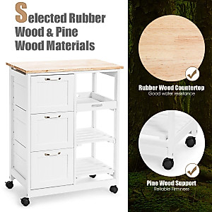 Giantex Kitchen Island Cart, Home Bar Serving Cart, Kitchen Trolley with 3 Large Drawers, Storage Shelf and 3 Tier Shelves, Rolling Storage Cabinet, Mobile Cart (White)