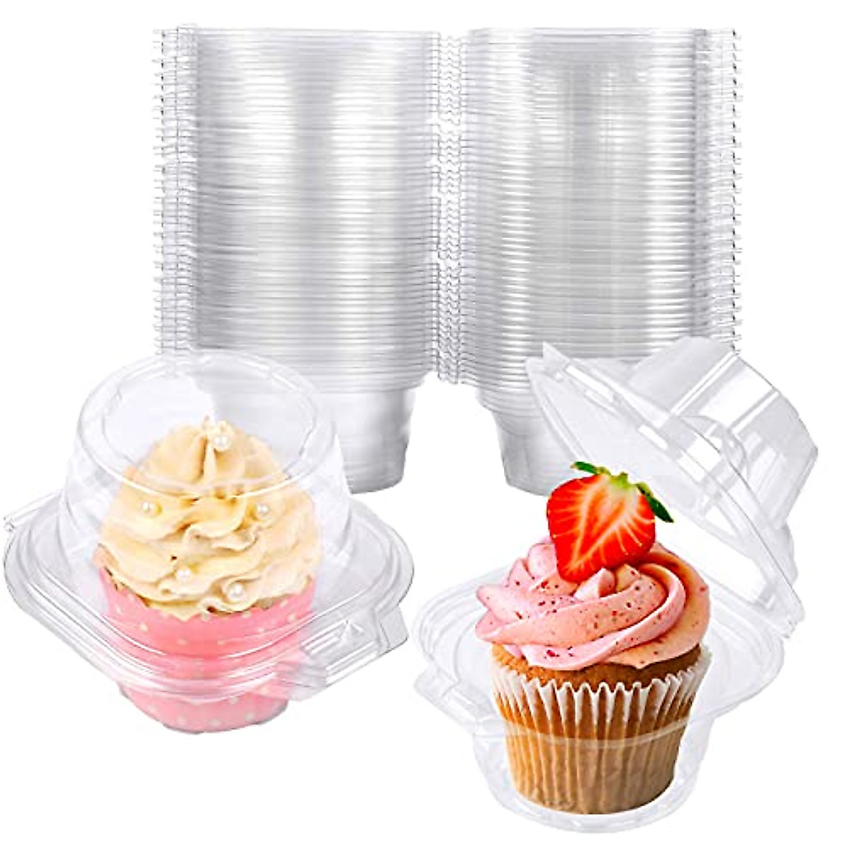 NPLUX 100 Pack Individual Cupcake Containers Plastic Cupcake Boxes Cupcake Holders Stackable Deep Dome Cupcake Carrier