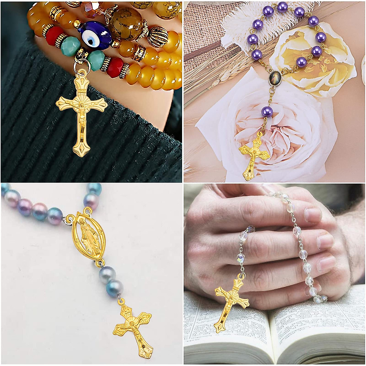 Aylifu 40pcs Golden Rosary Cross Charms and Center Miraculous Medal with Maria Crucifix Cross Pendants and Oval Chandelier Links for Easter Holidays Rosary Jewelry Making, 4 Styles