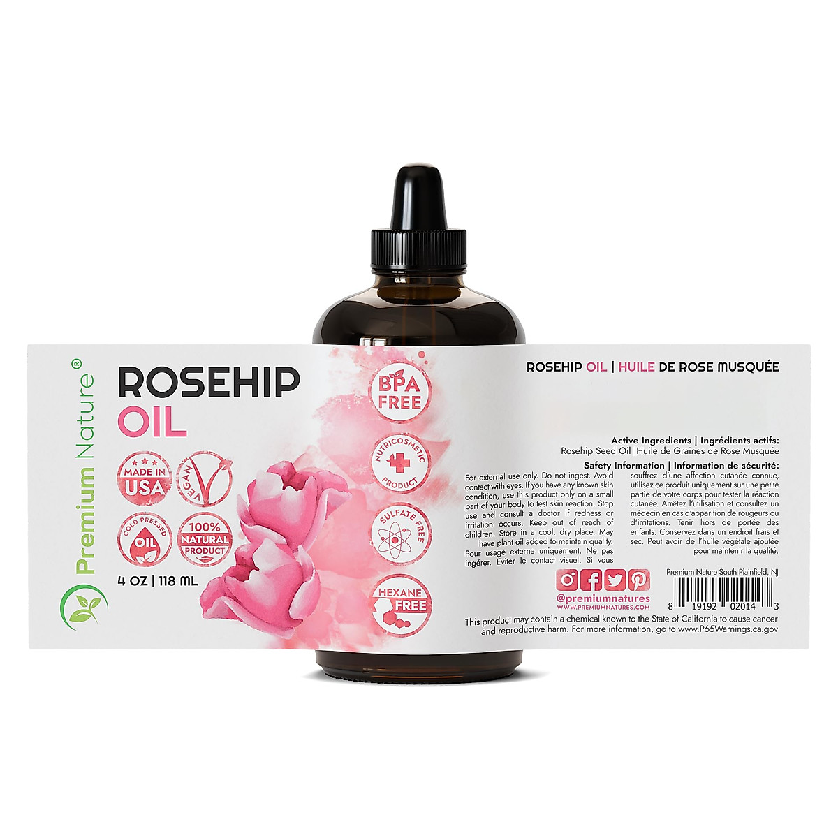 Premium Nature Rosehip Oil For Face Oil for Women, Rosehip Seed Oil Pure Cold Pressed Unrefined Oil For Hair and Nails Skin Care Moisturizer, Rose Hips Face Oils and Serums 4oz