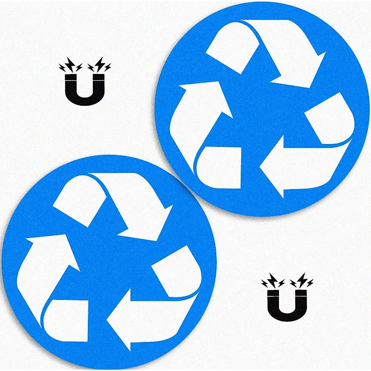 2 Pack (9in x 9in) Recycle Logo Magnet to Organize Your Trash - for Trash cans, Garbage containers and Recycle Bins - Magnet Decal (9in x 9in, Blue/White- Magnet)